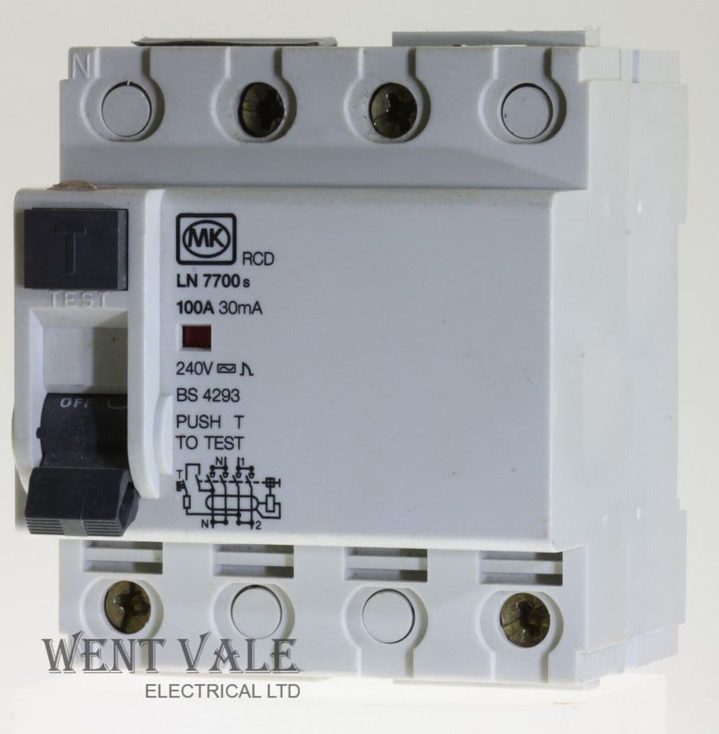 MK Sentry - LN7700s - 100A 30mA Two Pole Four Module RCD Used