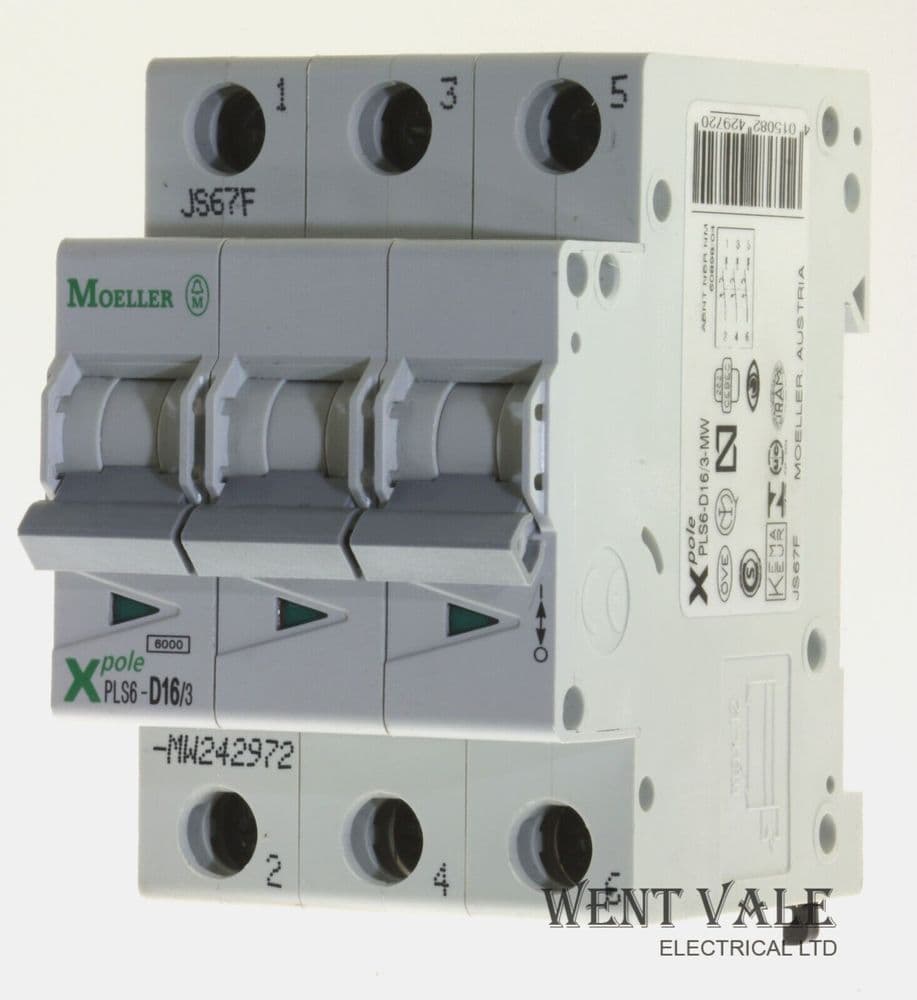 Moeller X Pole - PLS6-D16/3-MW - 16a Type D Triple Pole MCB Used