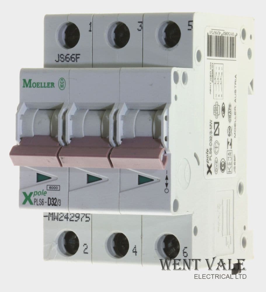 Moeller X Pole - PLS6-D32/3-MW - 32a Type D Triple Pole MCB Used