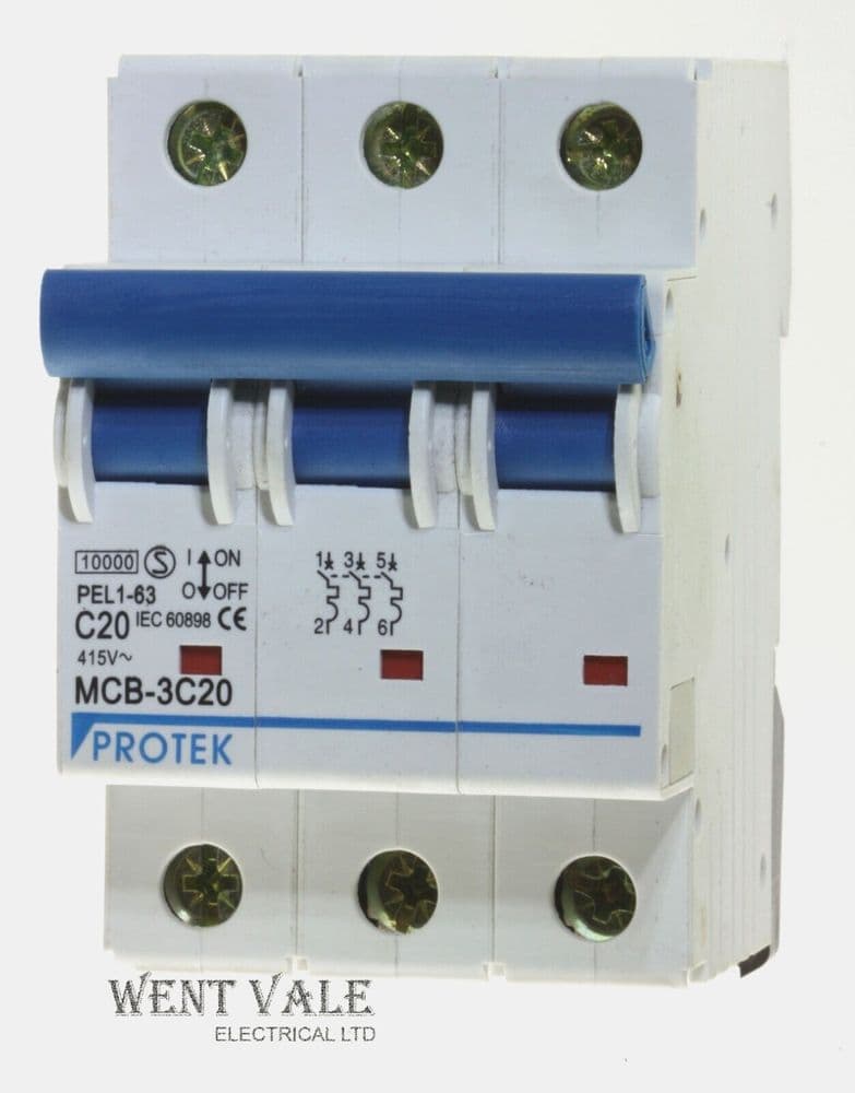 Protek - PEL1-63 MCB-3C20 - 20a Type C Triple Pole MCB Unused