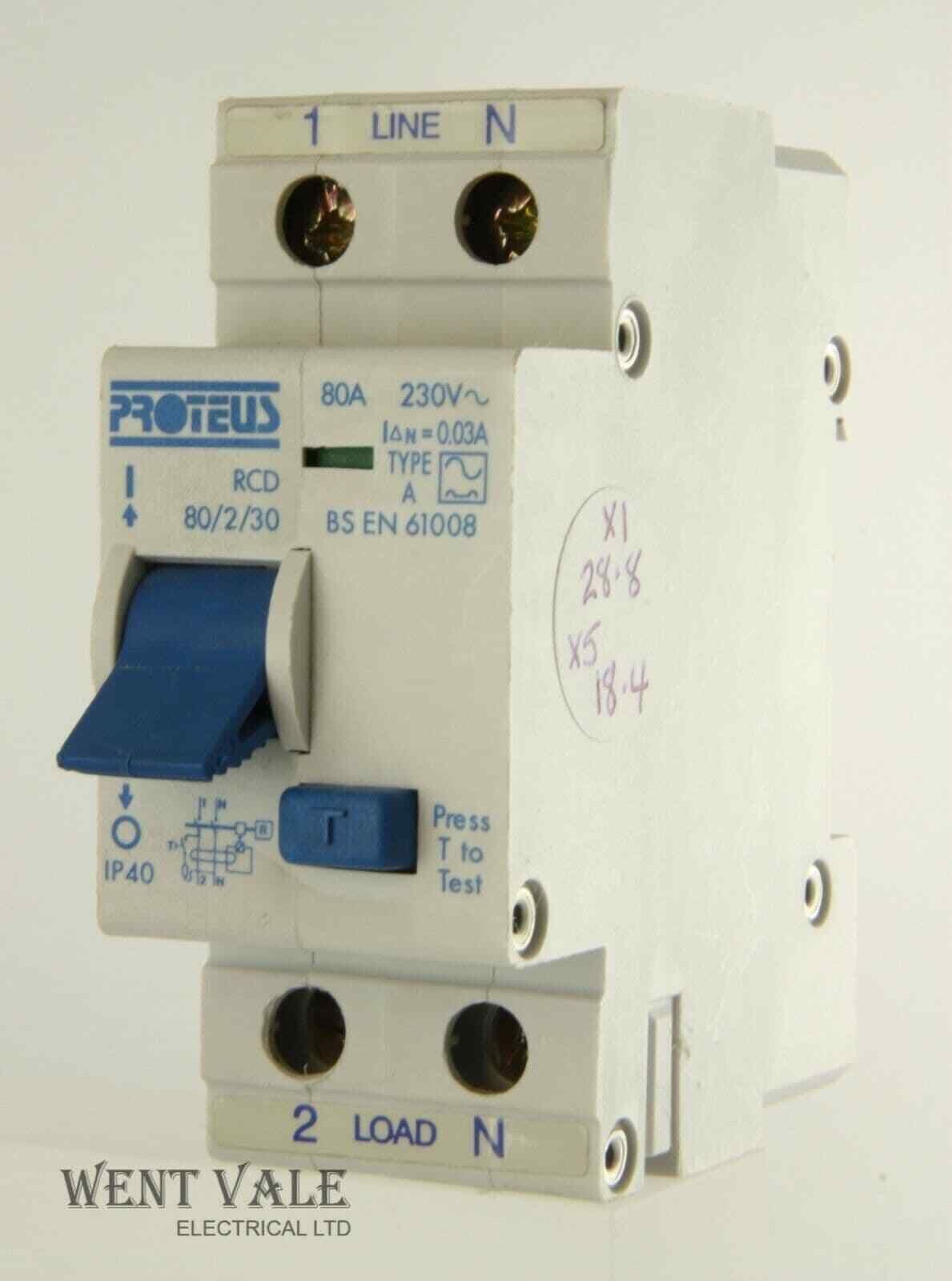 Proteus 80/2/30 - 80a 30mA Double Pole Mains Incoming RCD Used