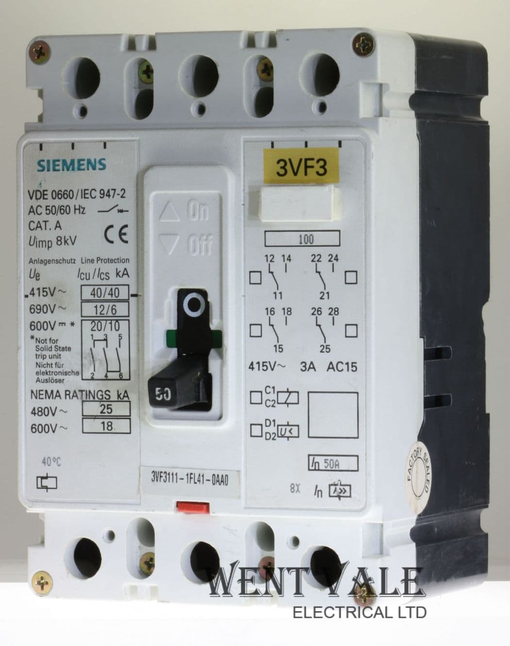 Siemens 3VF3 - 3VF3111-1FL41-0AA0 - 50a Triple Pole Cat A MCCB Used K