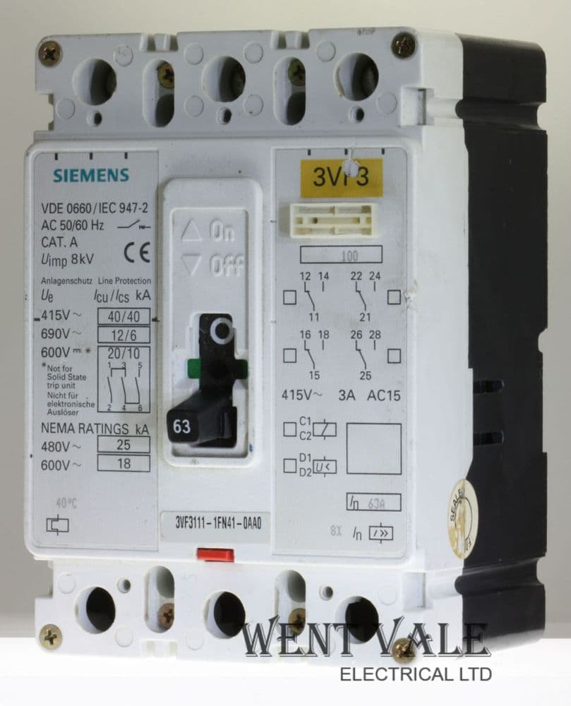 Siemens 3VF3 - 3VF3111-1FN41-0AA0 - 63a Triple Pole Cat A MCCB Used E
