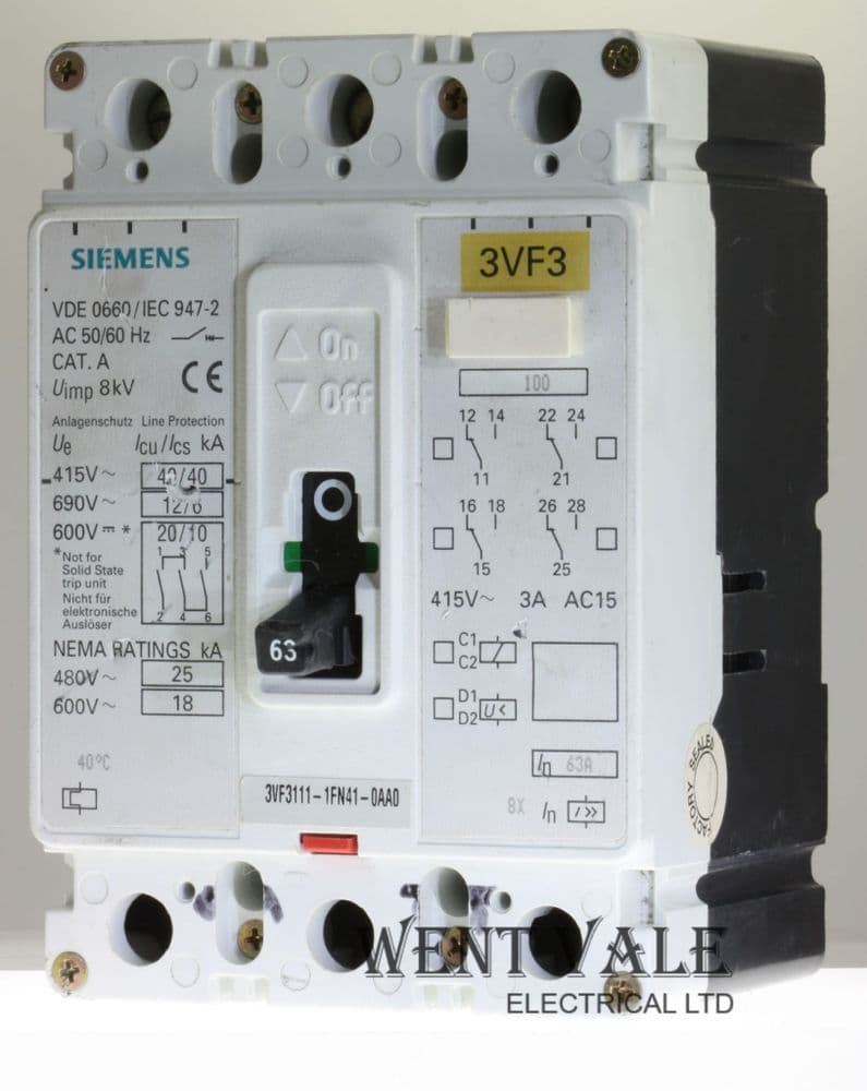 Siemens 3VF3 - 3VF3111-1FN41-0AA0 - 63a Triple Pole Cat A MCCB Used L