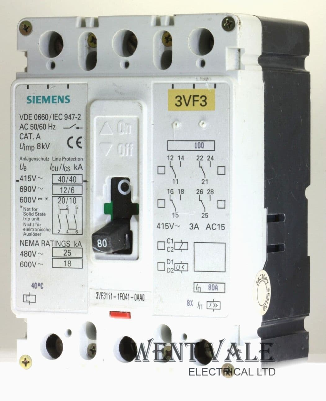Siemens 3VF3 - 3VF3111-1FQ41-0AA0 - 80a Triple Pole Cat A MCCB Used A