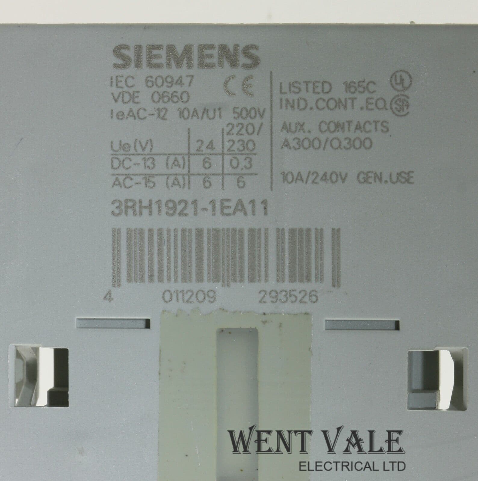 Siemens Sirius 3RH1921-1EA11 Side Mounted Aux Contact Block with NC/NO Contacts