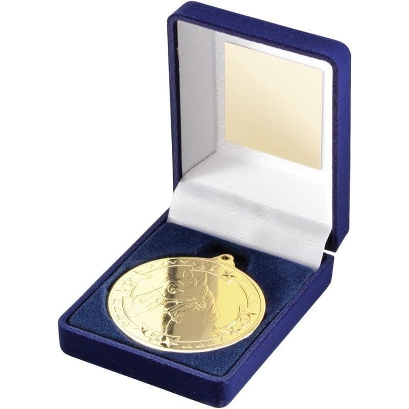 Blue Velvet Box + Gold Equestrian Medal Trophy 50mm (2") | TrophyMaster UK