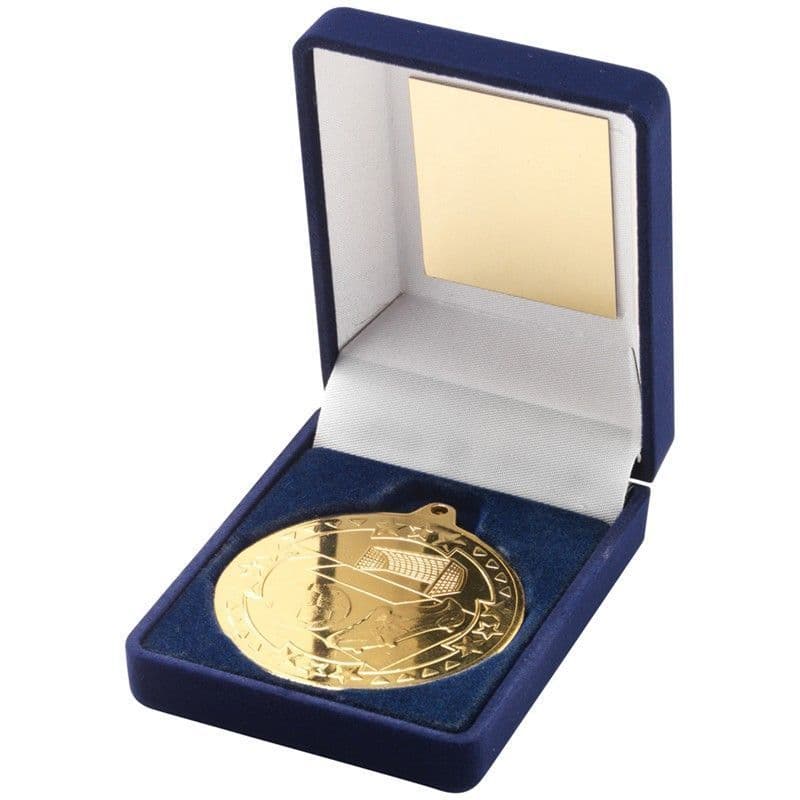 Blue Velvet Box Football Medal Trophy 50mm | TrophyMaster UK