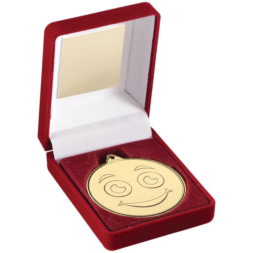 Gold Smiley Face Medal 50mm (2") + Box 89mm (3.5") Combo | TrophyMaster UK