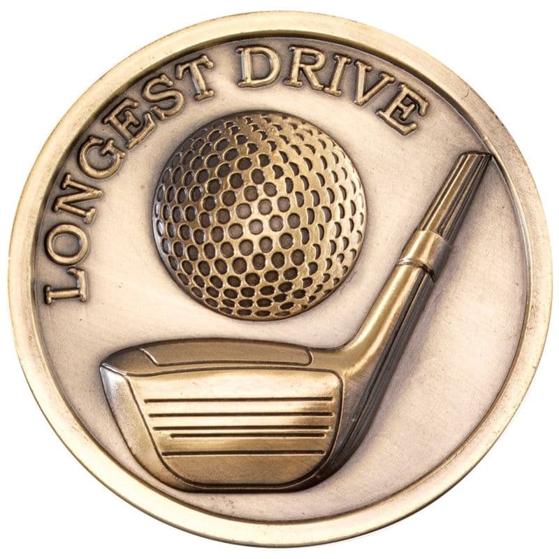Golf Longest Drive 70mm (2.75") Antique Gold in blue box | TrophyMaster UK