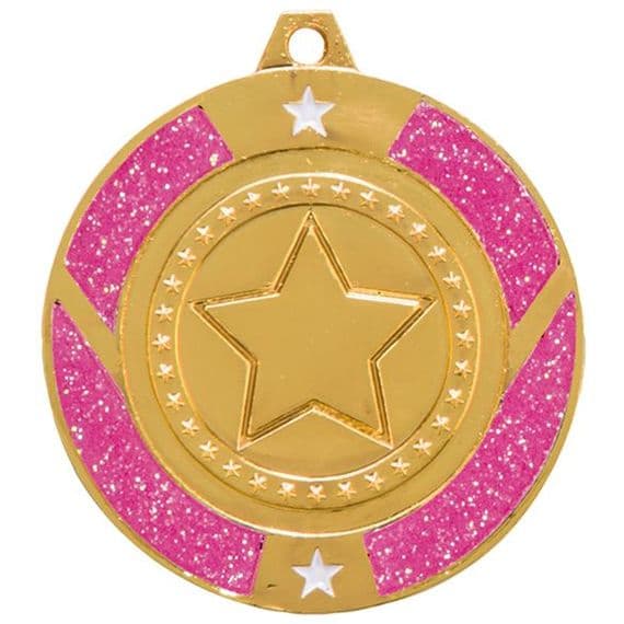 Pink Glitter Star Medal Gold 50mm (2") | TrophyMaster UK