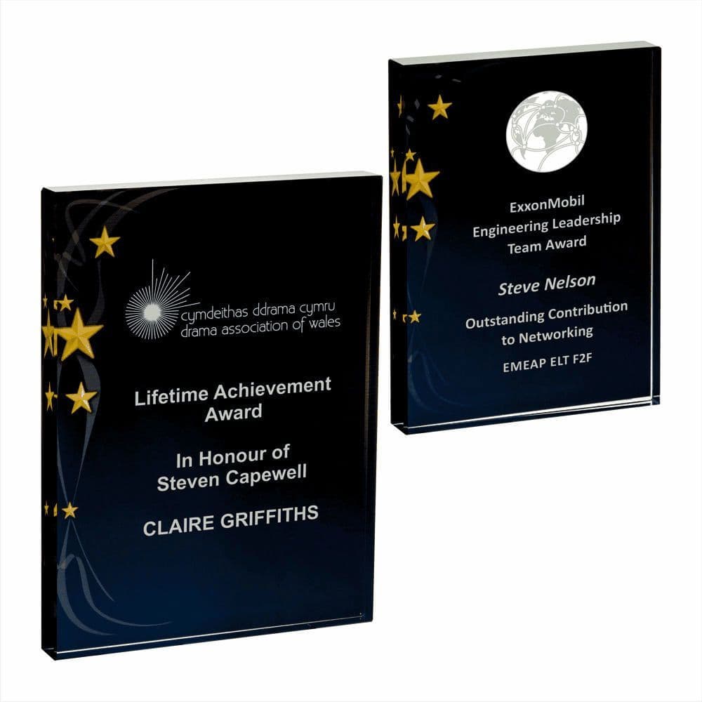Rectangular Glass Award - Black Background with Gold Stars ...