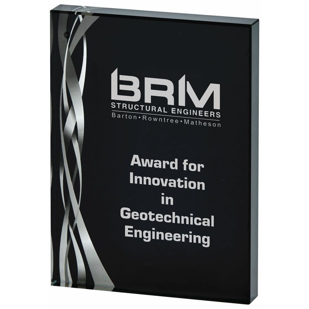 Rectangular Silver Ribbon Glass Award - Black Background 20mm Thick