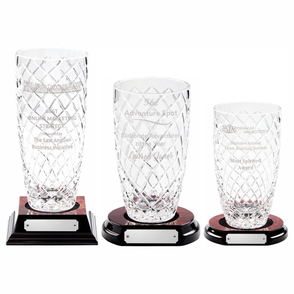 Stately 24 Lead Crystal Vase with Panel on Wood Base