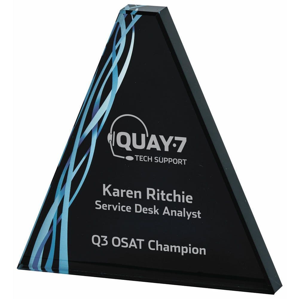 Triangular Blue Ribbon Glass Award - Black Background 20mm Thick