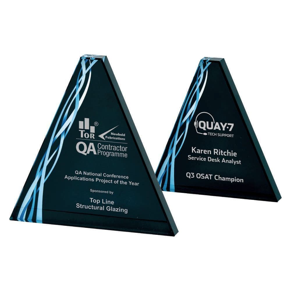 Triangular Blue Ribbon Glass Award - Black Background 20mm Thick