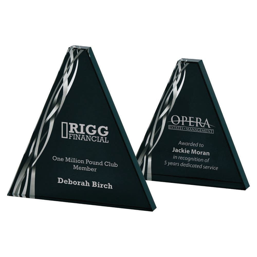 Triangular Silver Ribbon Glass Award - Black Background 20mm Thick