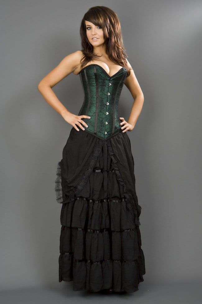 Green taffeta corset, green burlesque corset with frill, green moulin ...