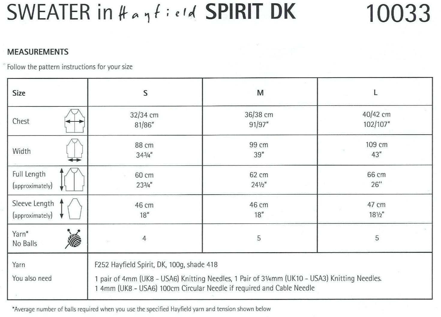 10033 PDF HAYFIELD SPIRIT DK SWEATER KNITTING PATTERN CHEST SIZE 32" TO 42"