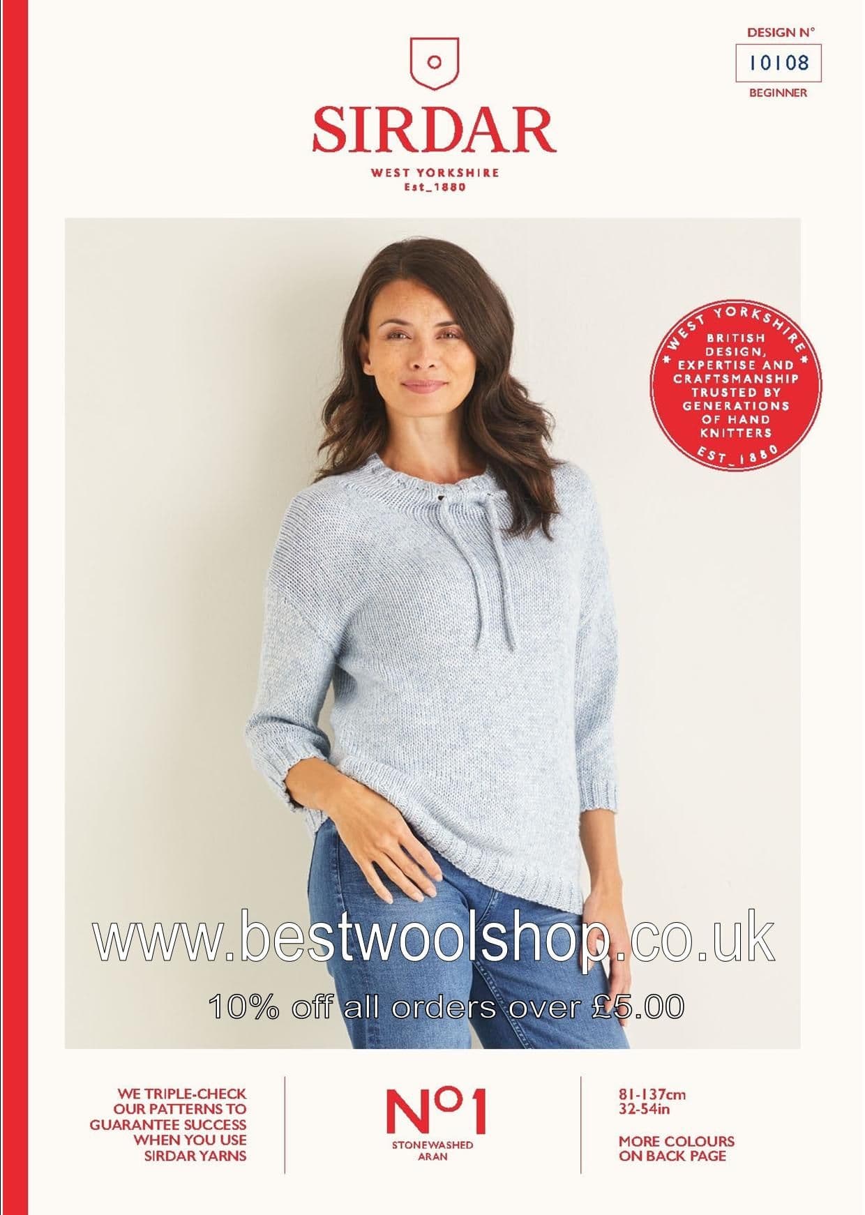 10108 SIRDAR NO 1 STONEWASHED ARAN SWEATER KNITTING PATTERN 32"-54"