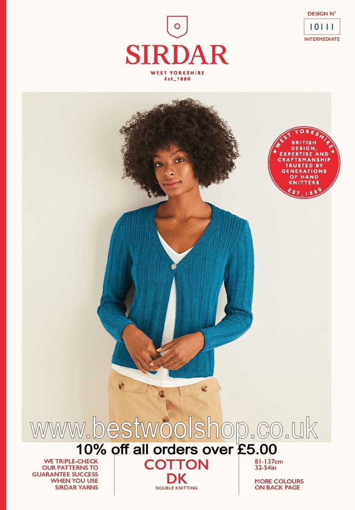 10111 PDF SIRDAR COTTON DK CARDIGAN KNITTING PATTERN CHEST SIZE 32"- 54"