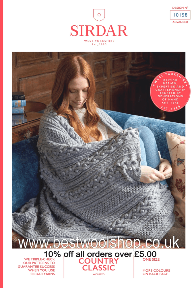 10158 PDF SIRDAR COUNTRY CLASSIC WORSTED ARAN THROW KNITTING PATTERN