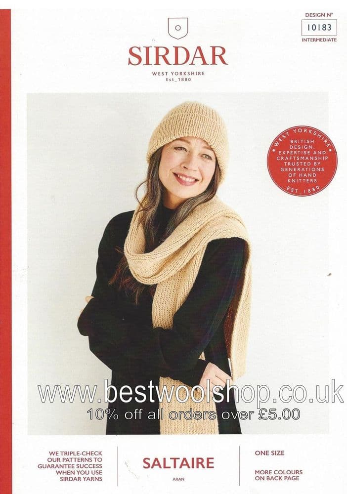 10183 - SIRDAR SALTAIRE ARAN HAT AND SCARF KNITTING PATTERN - ONE SIZE