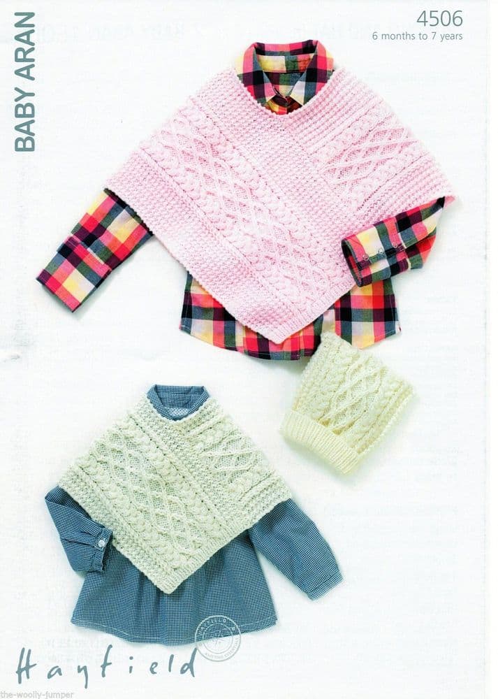4506 HAYFIELD BABY ARAN PONCHO & HAT KNITTING PATTERN 6 MONTHS - 7 YEARS