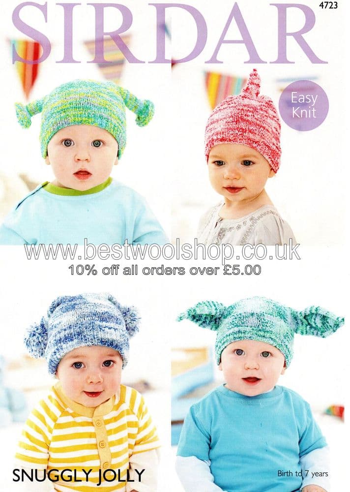 4723 SIRDAR SNUGGLY JOLLY DK EASY KNIT HAT KNITTING PATTERN 0-7 YEARS