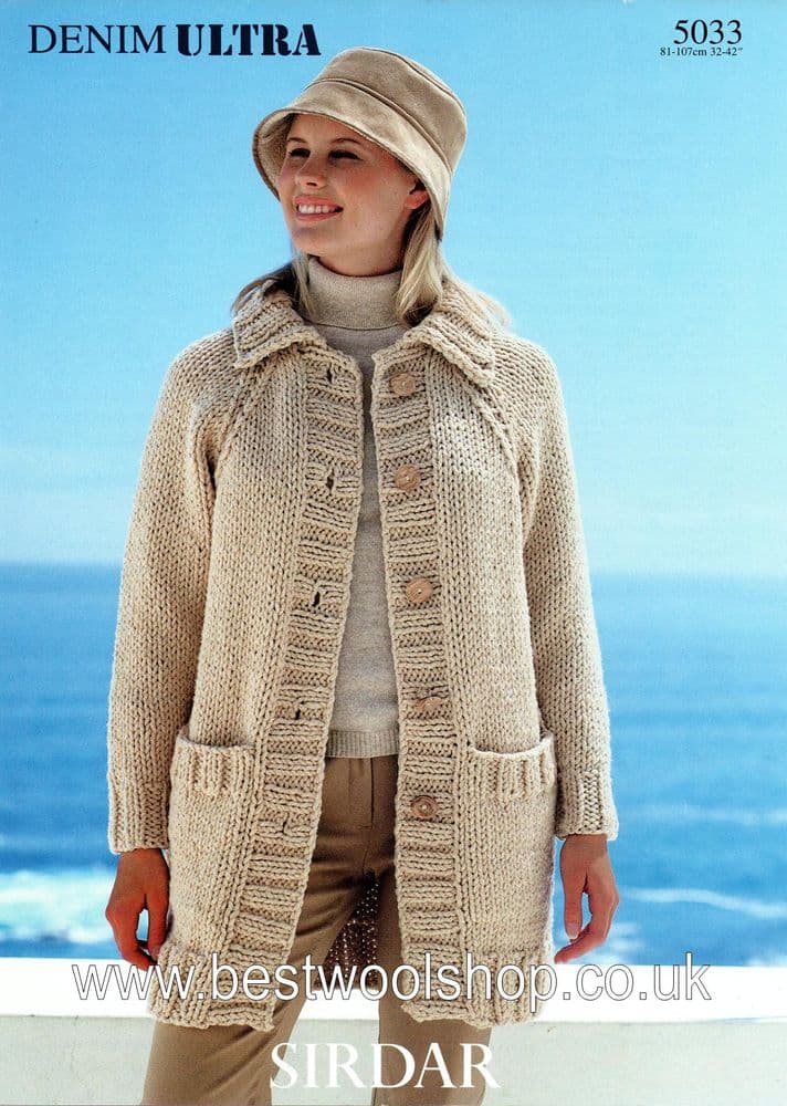 5033 SIRDAR DENIM ULTRA MEGA SUPER CHUNKY LONG CARDIGAN KNITTING PATTERN 32"- 42"