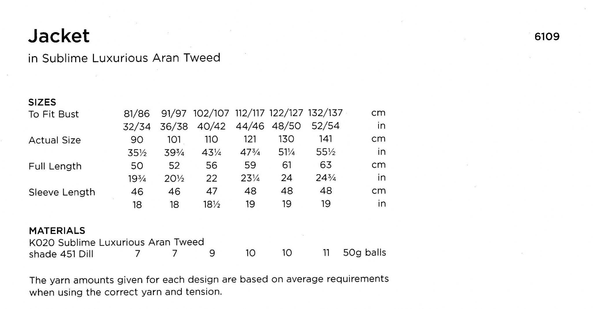 6109 SUBLIME LUXURIOUS ARAN TWEED CARDIGAN JACKET KNITTING PATTERN 32"- 54"