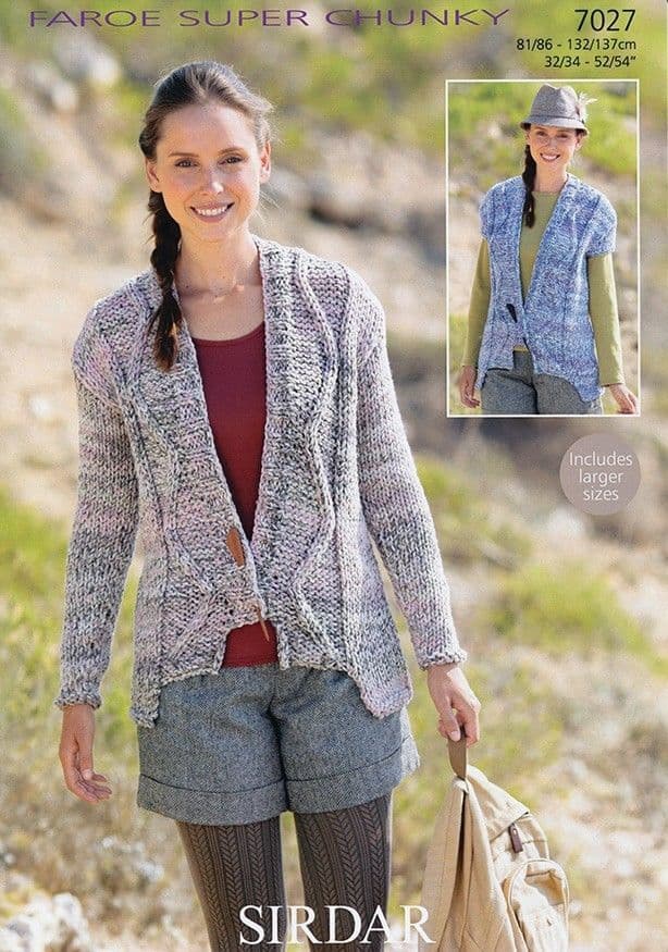 7027 - SIRDAR FAROE SUPER CHUNKY CARDIGAN & WAISTCOAT KNITTING PATTERN - TO FIT CHEST 32" TO 54"