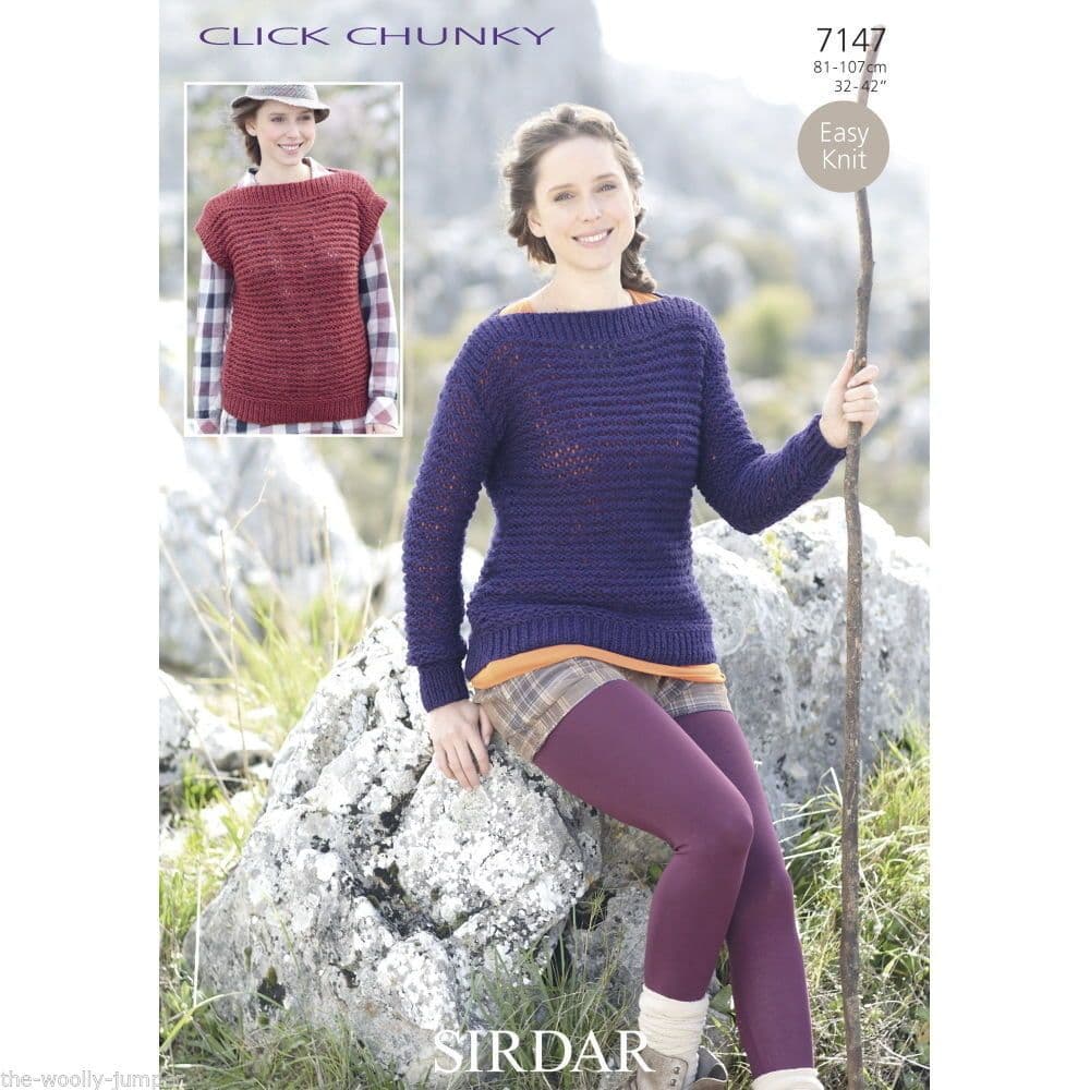 7147 SIRDAR CLICK CHUNKY SWEATER KNITTING PATTERN - TO FIT CHEST 32"- 42"
