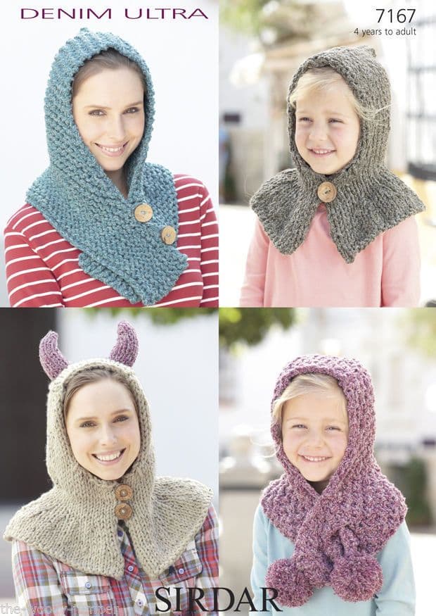 7167 - SIRDAR DENIM ULTRA HOOD & SCARF KNITTING PATTERN - TO FIT 4 YEARS TO ADULT