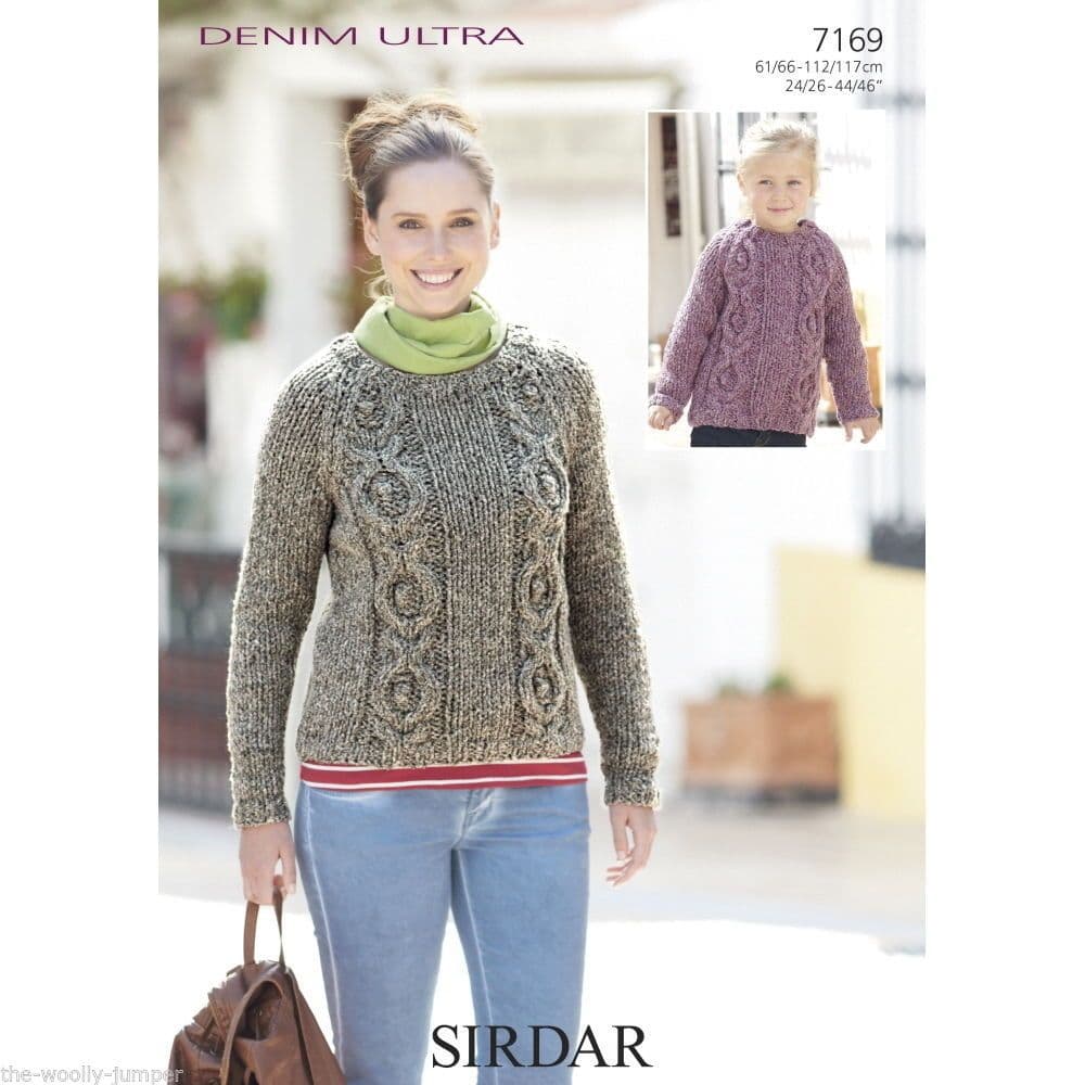 7169 - SIRDAR DENIM ULTRA MEGA CHUNKY SWEATER KNITTING PATTERN - TO FIT CHEST 24" TO 46"