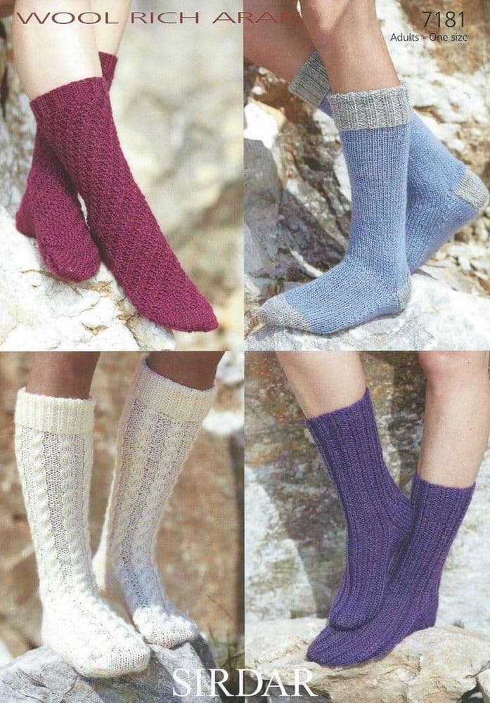 7181 - SIRDAR WOOL RICH ARAN ADULT SOCK KNITTING PATTERN - ONE SIZE