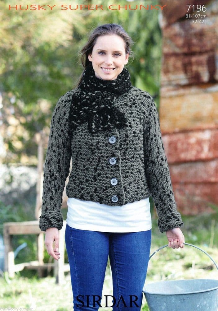 7196 - SIRDAR HUSKY SUPER CHUNKY CARDIGAN & SCARF KNITTING PATTERN - 32 ...