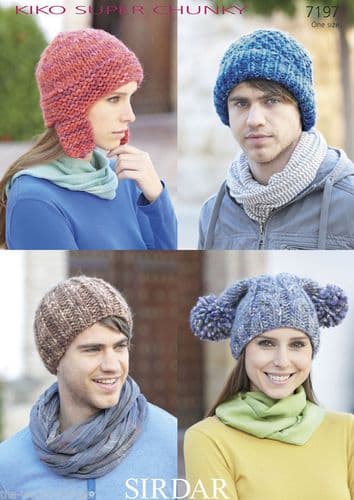 7197 - SIRDAR KIKO SUPER CHUNKY HAT KNITTING PATTERN - ONE SIZE ADULT