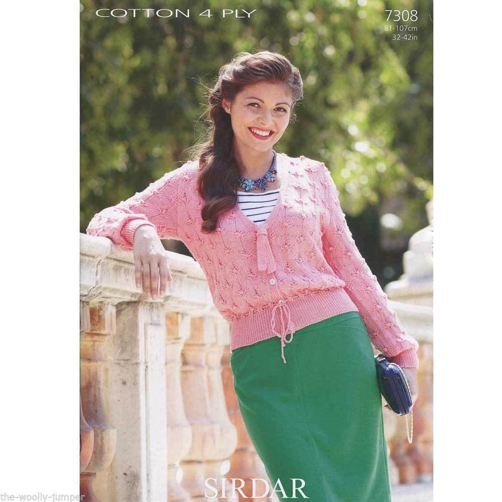 7308 SIRDAR COTTON 4 PLY CARDIGAN KNITTING PATTERN 32"- 42"