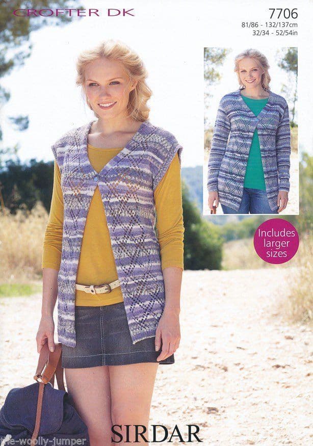 7706 SIRDAR CROFTER DK CARDIGAN & WAISTCOAT KNITTING PATTERN 32"- 54"