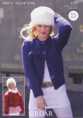 9353 - SIRDAR BIG SOFTIE CARDIGAN KNITTING PATTERN - TO FIT CHEST 24" TO 46"