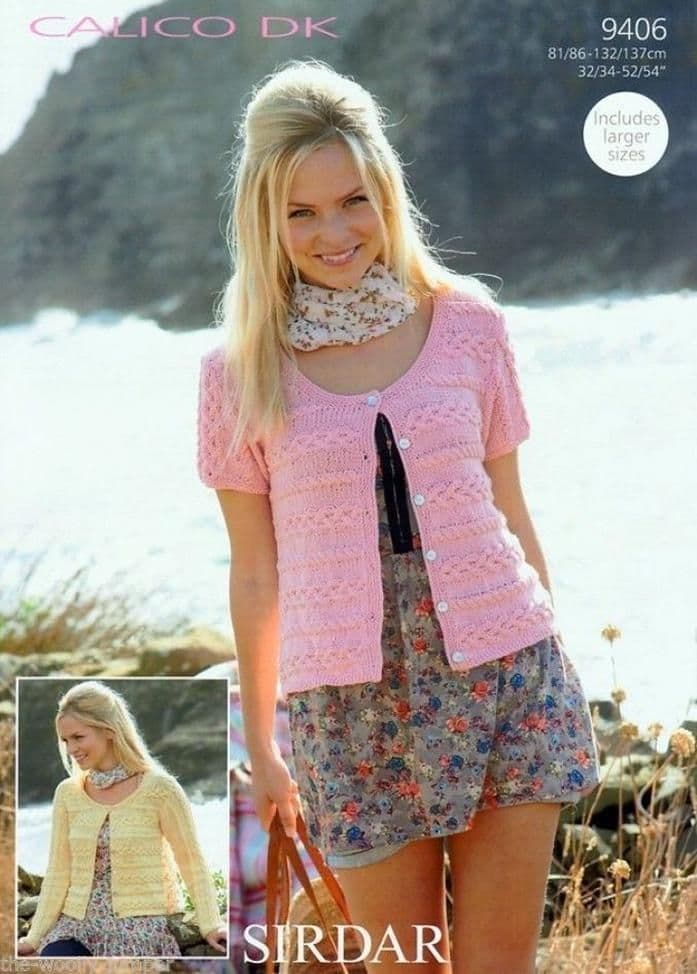 9406 SIRDAR CALICO DK LONG & SHORT SLEEVED HORIZONTAL CABLED CARDIGAN KNITTING PATTERN 32"- 54"