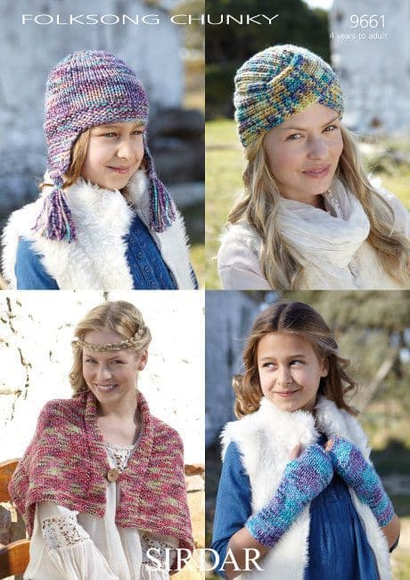 9661 - SIRDAR FOLKSONG CHUNKY TURBAN HELMET CAPE WRIST WARMERS KNITTING PATTERN