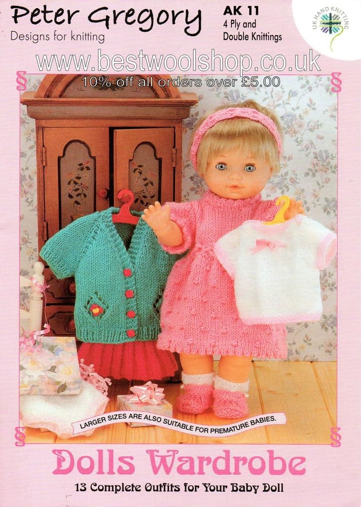 AK11 PETER GREGORY DOLLS WARDROBE - 13 OUTFITS DK & 4 PLY KNITTING PATTERN BOOKLET