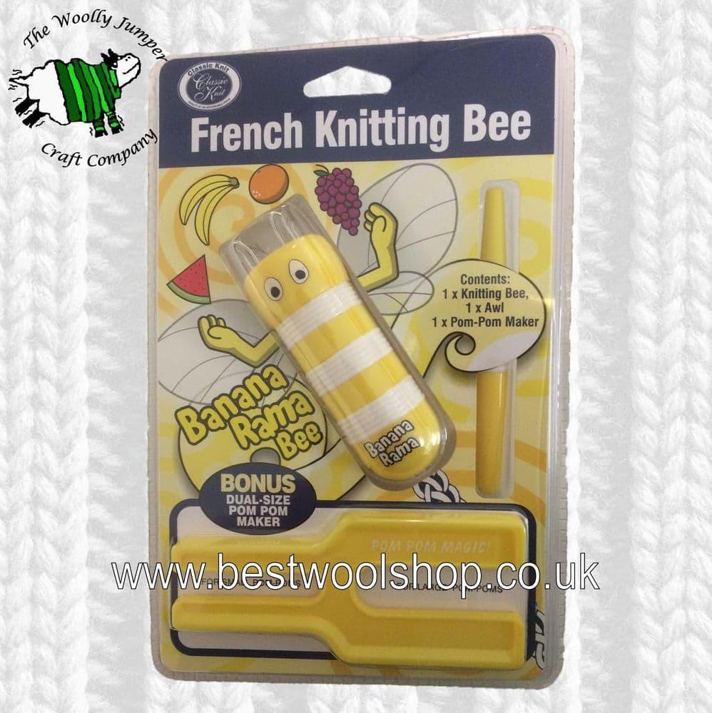 CLASSIC KNIT FRENCH KNITTING BEE AWL & DUAL SIZE POM POM MAKER BANANA ...