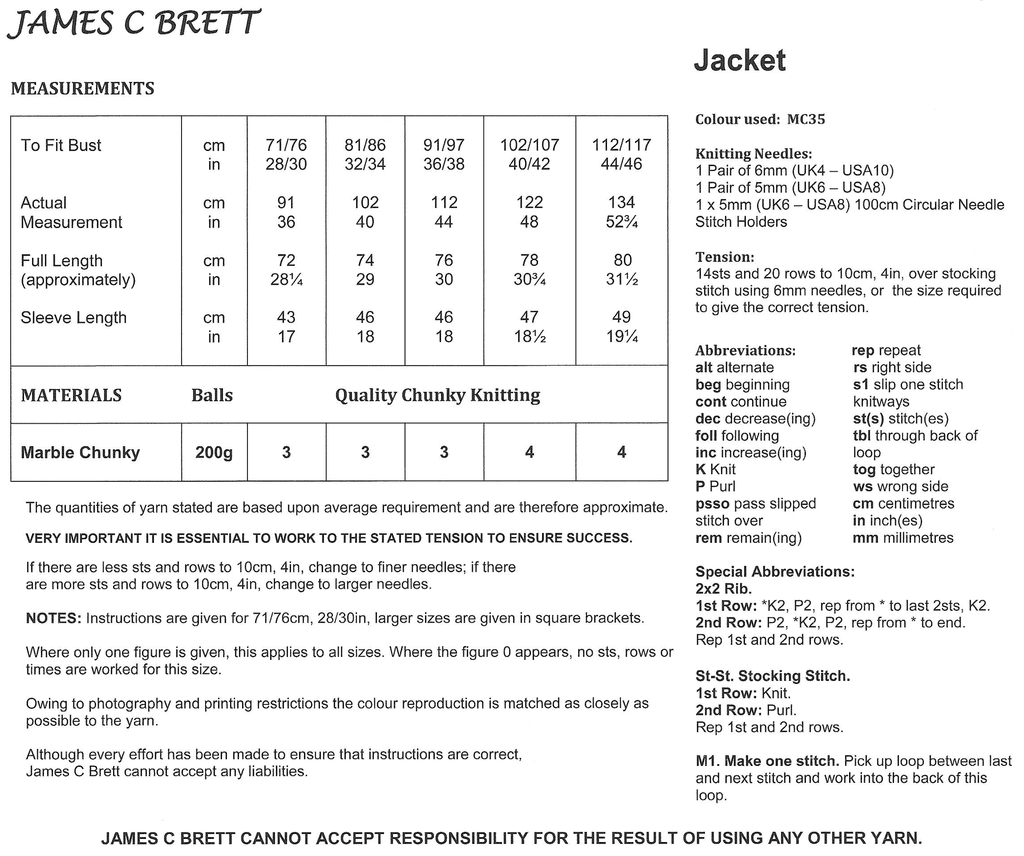 JB186 JAMES C BRETT MARBLE CHUNKY KNITTING PATTERN 28"- 46"