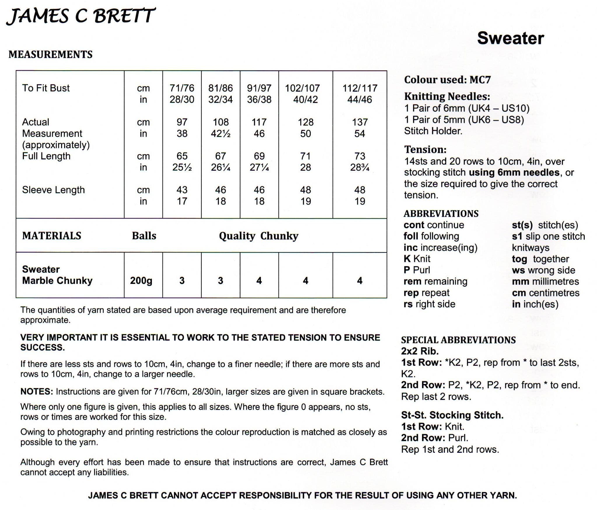 JB587 JAMES C BRETT MARBLE CHUNKY LONG SWEATER KNITTING PATTERN 28"- 46"