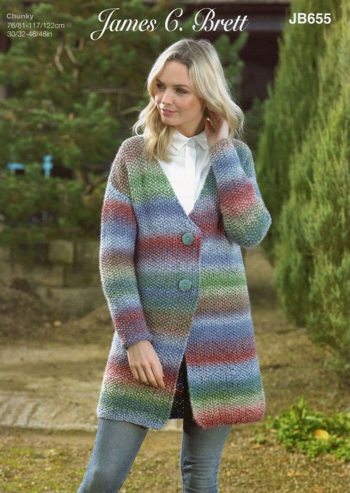 JB655 JAMES C BRETT MARBLE CHUNKY LONG CARDIGAN KNITTING PATTERN 30"- 48"